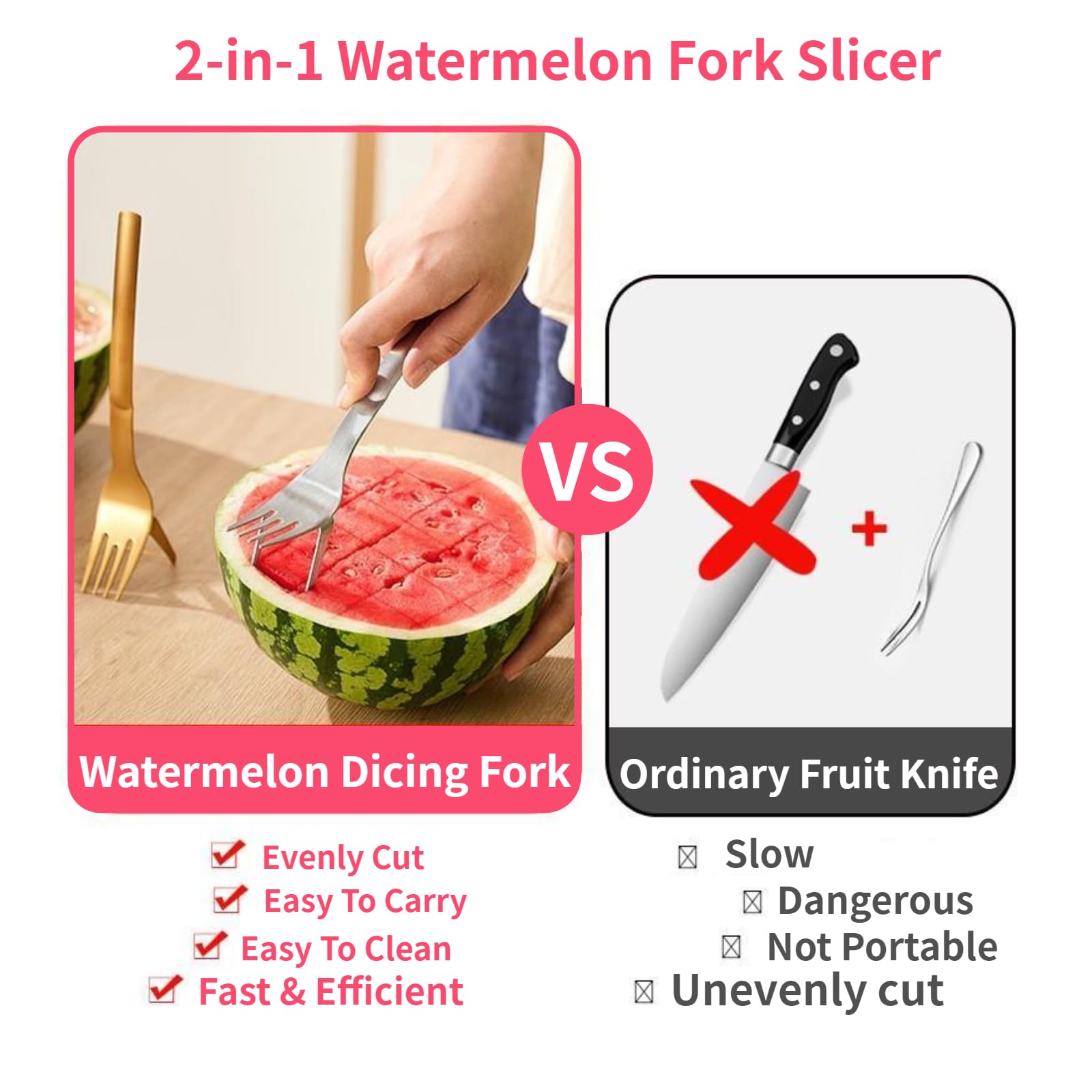 Watermelon Slicer Cutter, 2-in-1 Watermelon Fork Slicer Cutter, Stainless Steel Fruit Cutter for Home Party Camping Cool Summer Kitchen Gadgets (B)