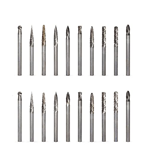 YUFUTOL 20pcs Solid Carbide Burr Set 0.118‘’(3mm)Shank Tungsten Carbide Rotary Files Burrs with 3mm Cutting Head Diameter Fits Most Rotary Drill Die Grinder for Woodworking,Engraving,Drilling,Carving