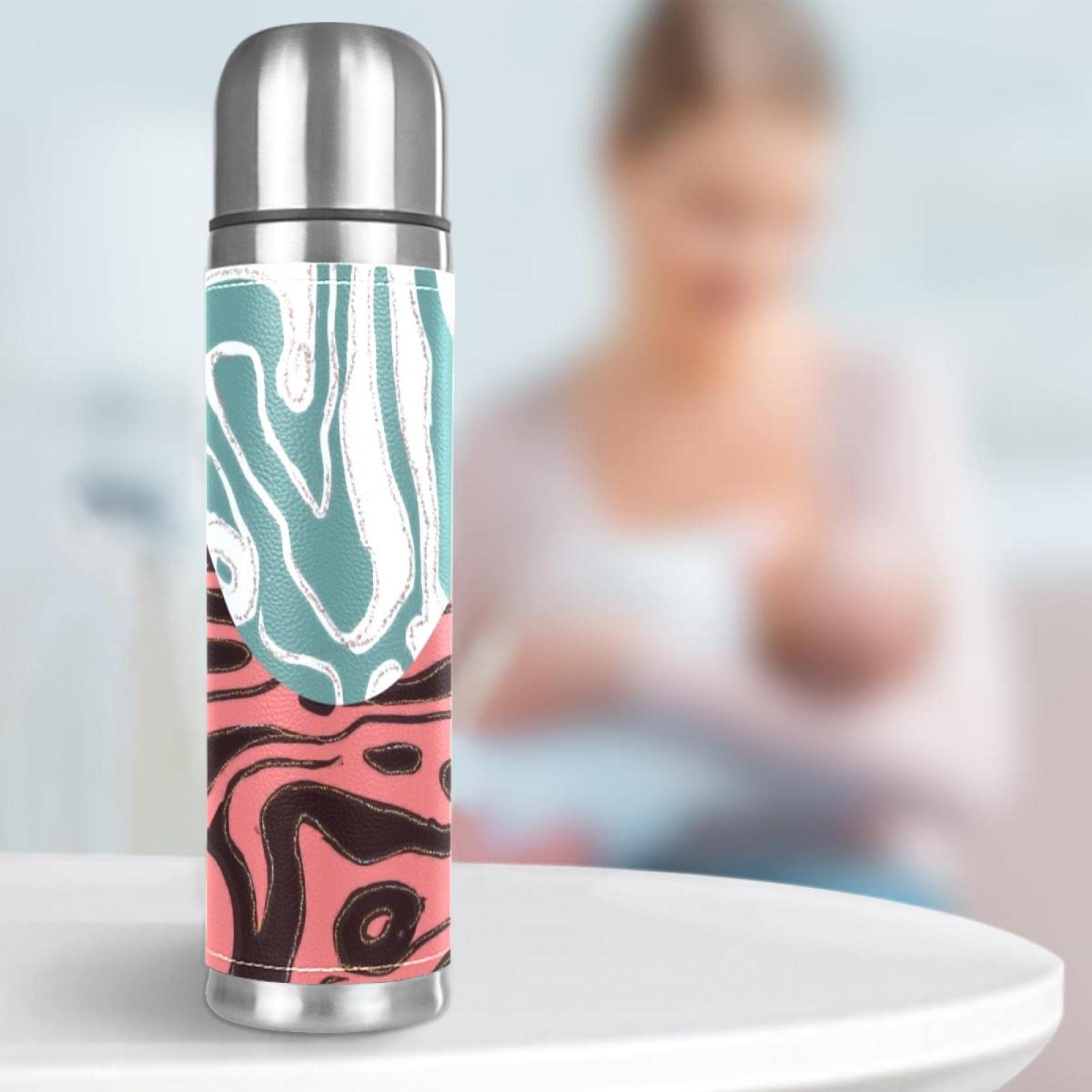 Stainless Steel Leather Vacuum Insulated Mug Abstract Texture Thermos Water Bottle for Hot and Cold Drinks Kids Adults 16 Oz