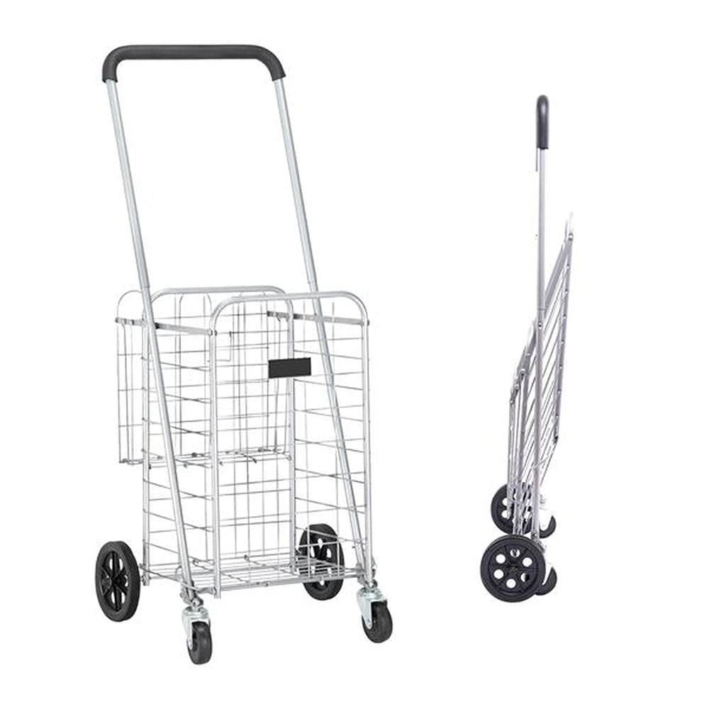 XYYSSM Iron 1100mm Telescopic Armrest 0.8mm 16# Round Tube 30kg Silver Foldable Shopping Cart, Shopping Cart with Dual Swivel Wheels for Groceries - Compact Folding Portable Cart Saves Space