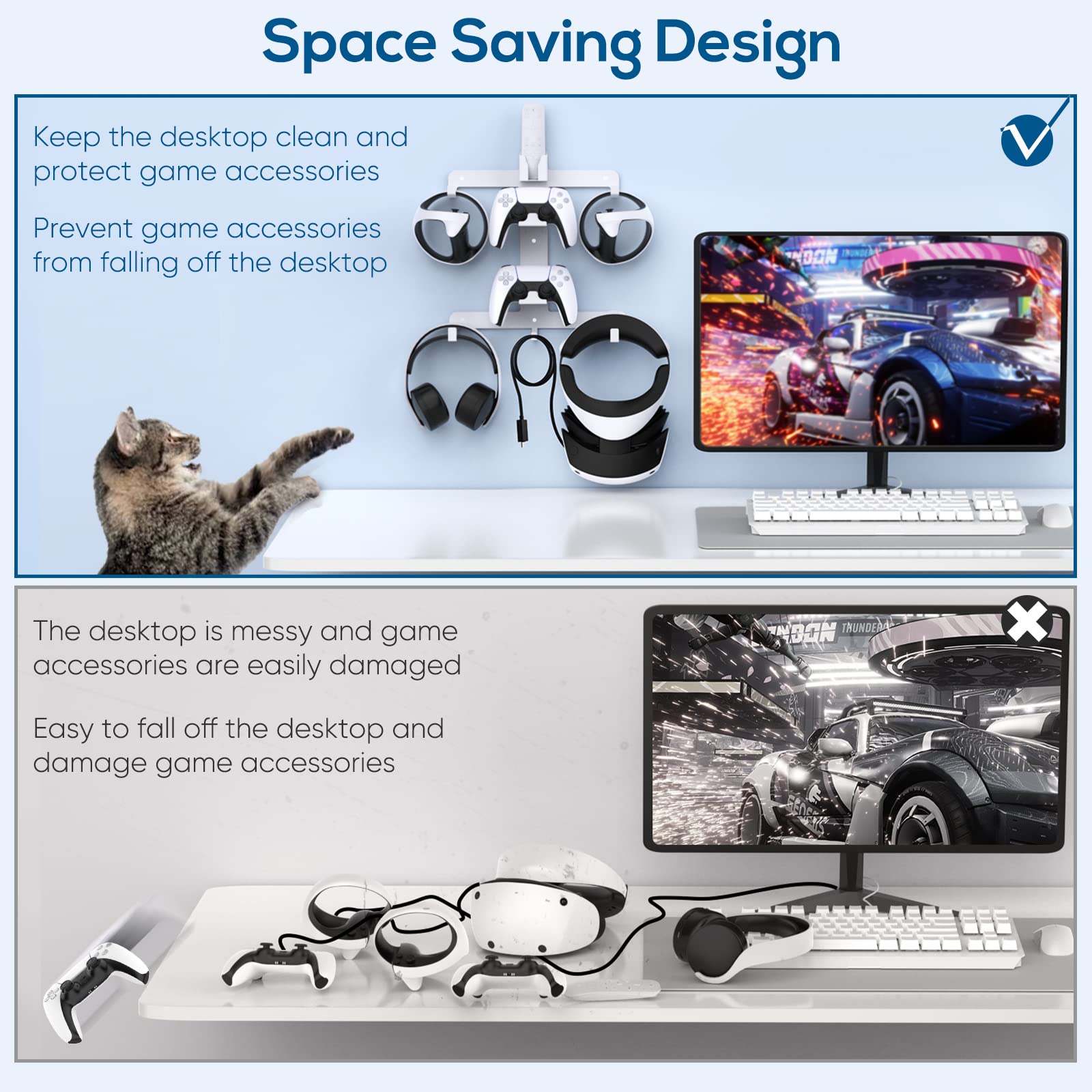 Wall Mount Stand for PS5 VR2 Gaming Accessories, Sturdy Steel Wall Mount Bracket for PS VR2 Headset, Controllers, Remote and Cable, Game Organizer with Controller Holder and Headset Stand for PSVR2