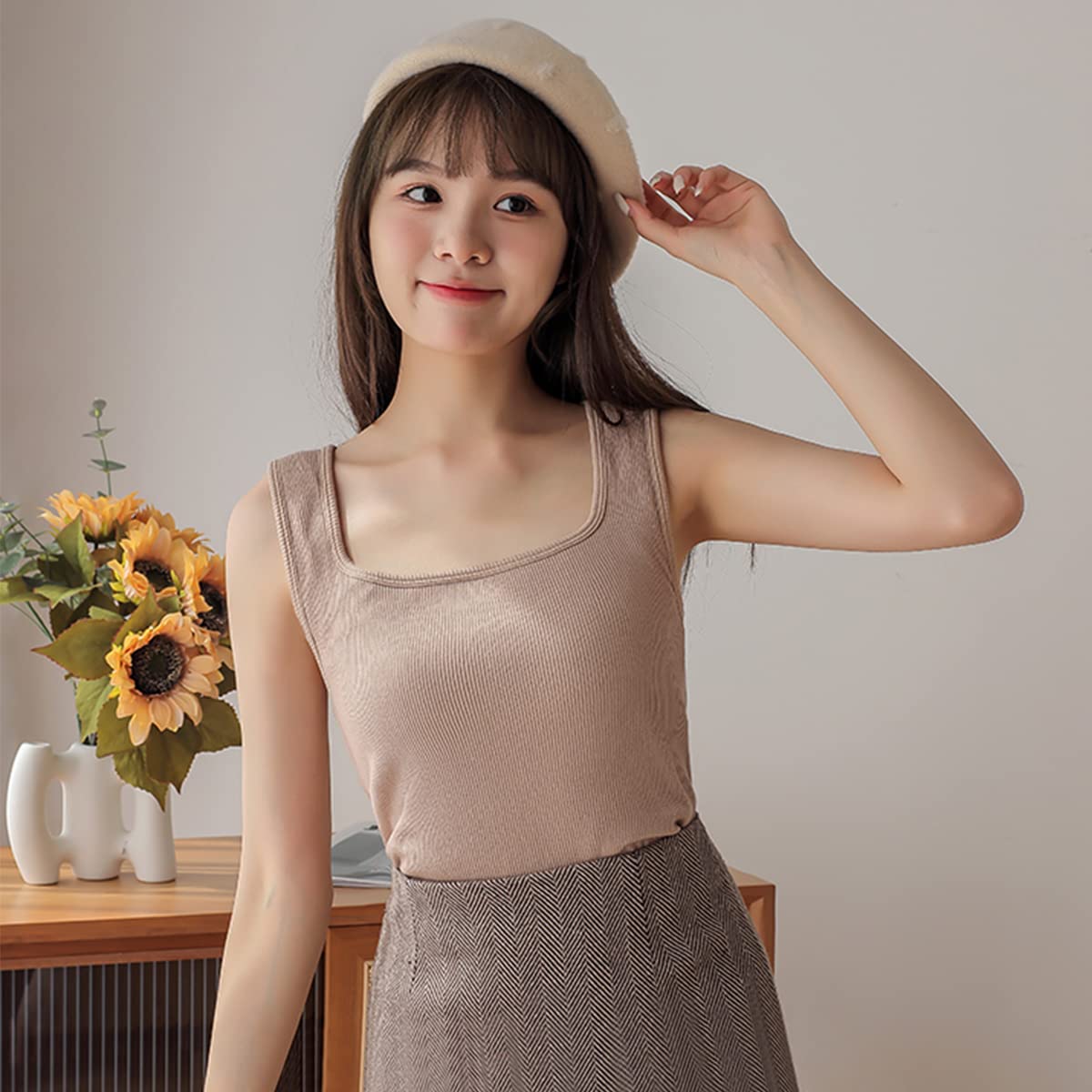 X-SNOW FALCON Women's Fleece Thermal Vest Cammy Shirt Sleeveless Camisole Basic Seamless Square Collar Thermal Vest Black