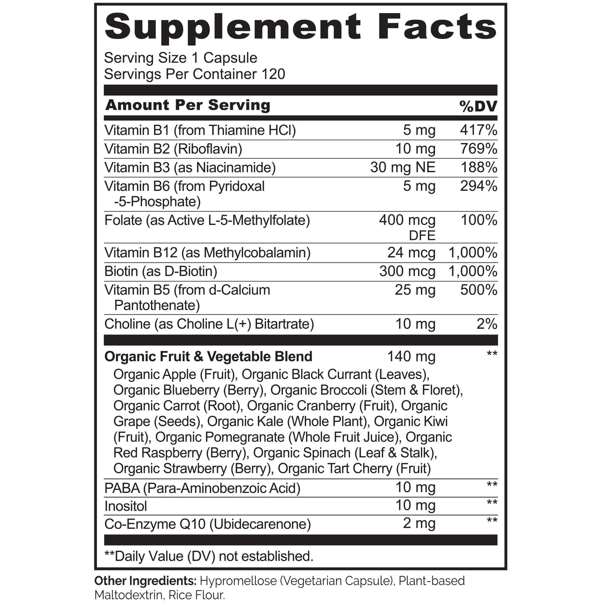 NATURELO Vitamin B Complex with Methyl B12, Methyl Folate, Vitamin B6, Biotin Plus Choline, CoQ10, and Fruit & Vegetable Blend - Supports Energy & Healthy Stress Response - Vegan - 120 Capsules