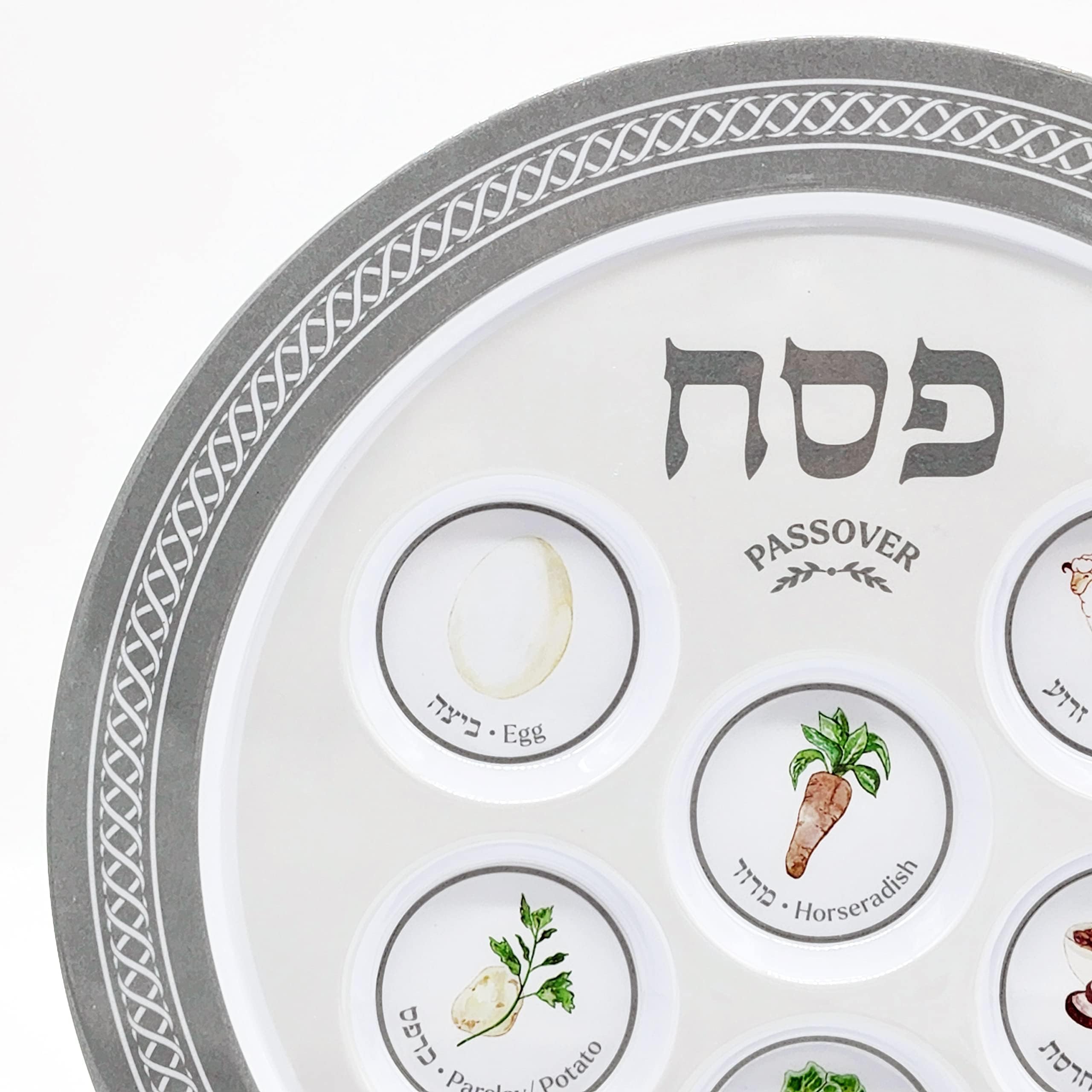 The Dreidel Company Passover Classic Silver Seder Plate, Melamine Silver Design Passover Seder Plates, Traditional Kaarah For Pesach 12" (Single)