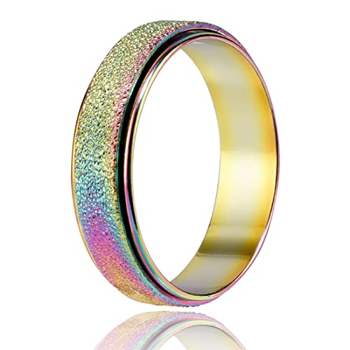 Tiselin Anxiety Ring for Women Men,Rainbow Color Sand Blasted Finished Width 6MM,Size 7-10,Copper material (Rainbow, 7)
