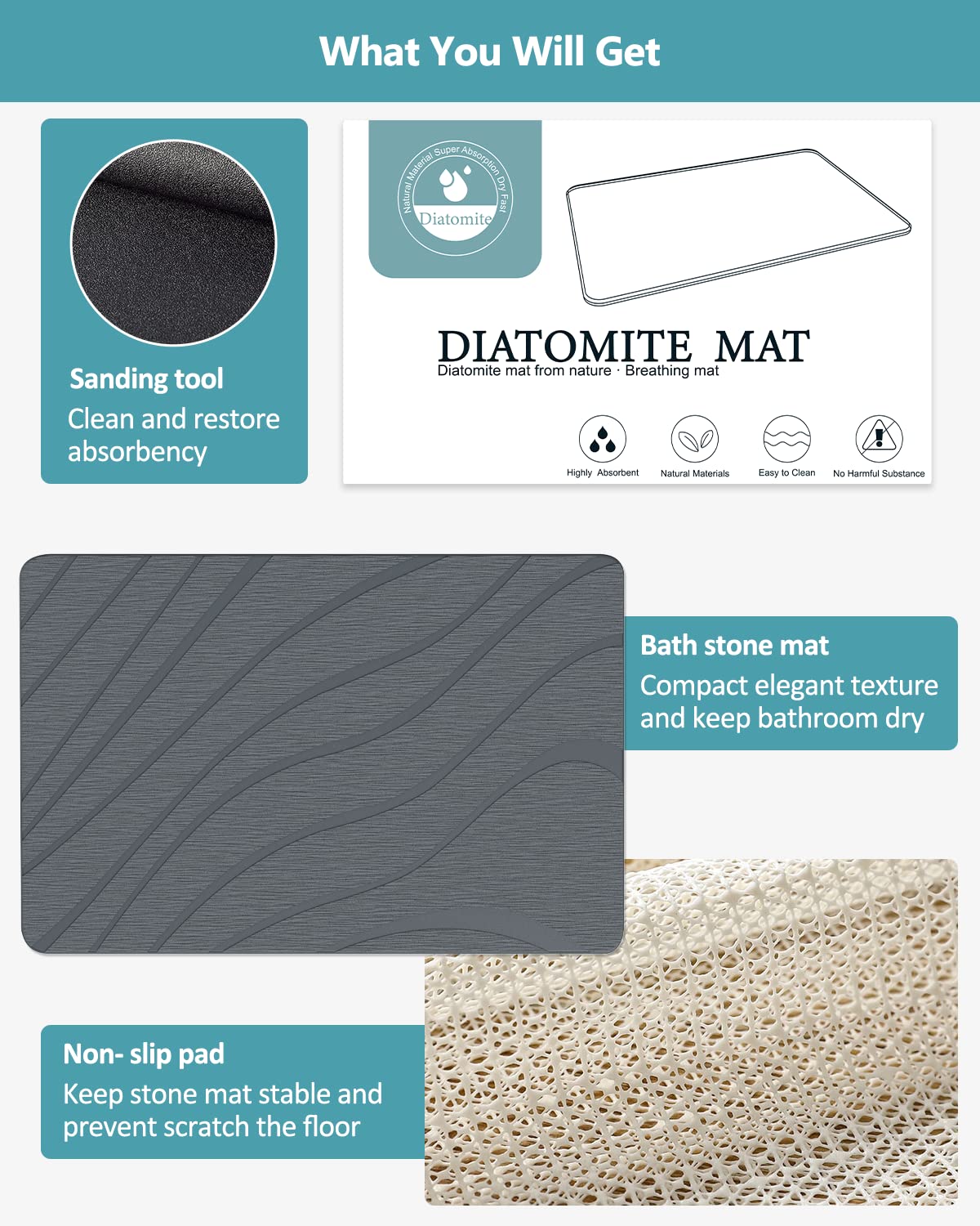 LOFTER Stone Bath Mat, Diatomite Stone Bath Mat Nonslip Super Absorbent Quick Drying Stone Mat for Kitchen Counter, Natural Non-Slip Bathroom Mats Stone Shower Mat Easy to Clean (23.5 x 15 inch)