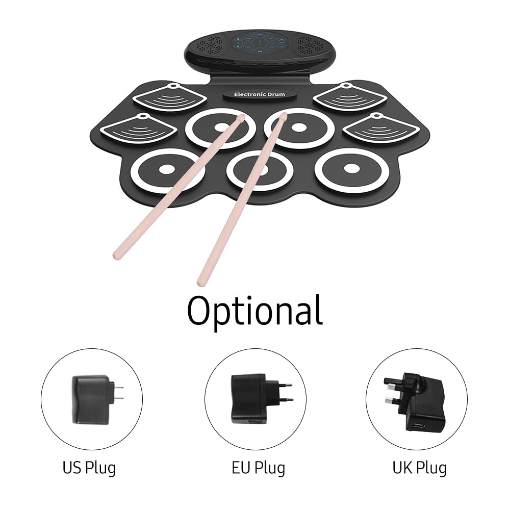 Taruor Portable 9 Pads Electronic Drum Set Roll Up Silicone Practice Drum Pad Built-in 2 Speakers Stereo Rechargeable Multifunction Tabletop Drum Support Recording Function/Audio Input/MIDI Output