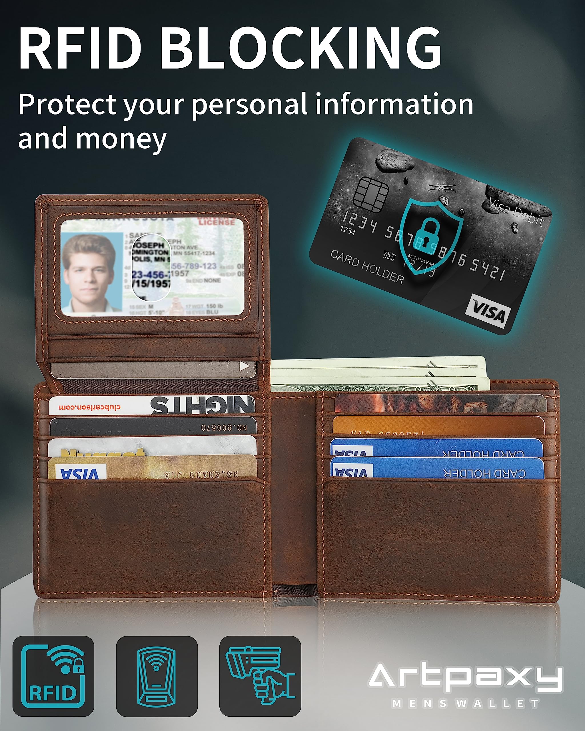 Mens Wallet With AirTag Holder, Bifold Leather RFID Blocking 2 ID Windows 12 Card Holders, Gift Box and Screen Protector Included, AirTag Not Included