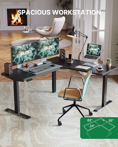 Marsail Corner Stand Up Desk Adjustable Height with 4-in 1 Electical Outlet, L Shaped Electric Standing Desk with Headphone Hook, Stand up Desk for Home Office Sturdy Writing Workstation Black