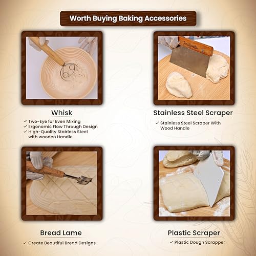 Set of 2 Banneton Bread Proofing Basket 9β Round, 10β Oval with Maximum 9 Bread Making Tools and Supplies by SMILLWALA Proofing Baskets for Sourdough Bread Baking Supplies Kit (Oval and Round)