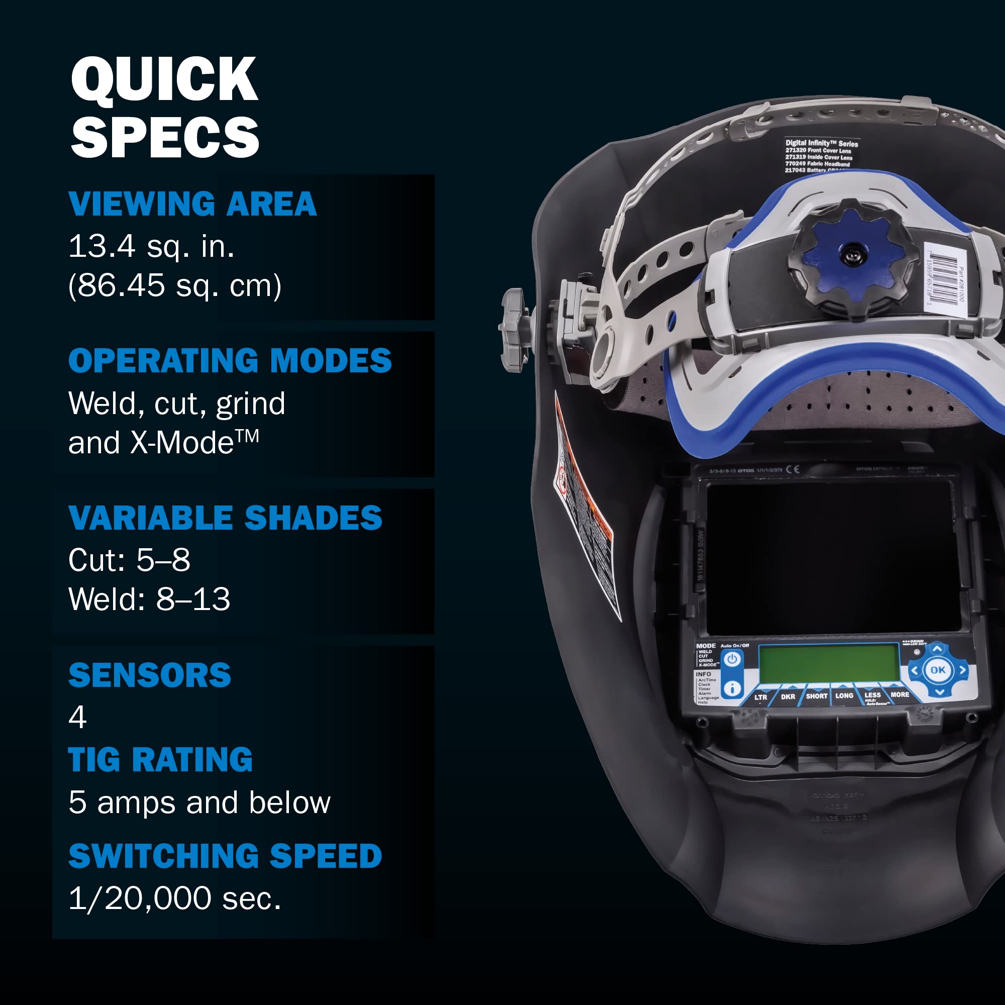 Miller Digital Infinity Welding Helmet (Relic) - Auto Darkening Welding Helmets for Men & Women - Digital Welding Hood with 13.4 Sq.in. Viewing Screen, 4 Arc Sensors & 4 Operating Modes (21.4 oz.)