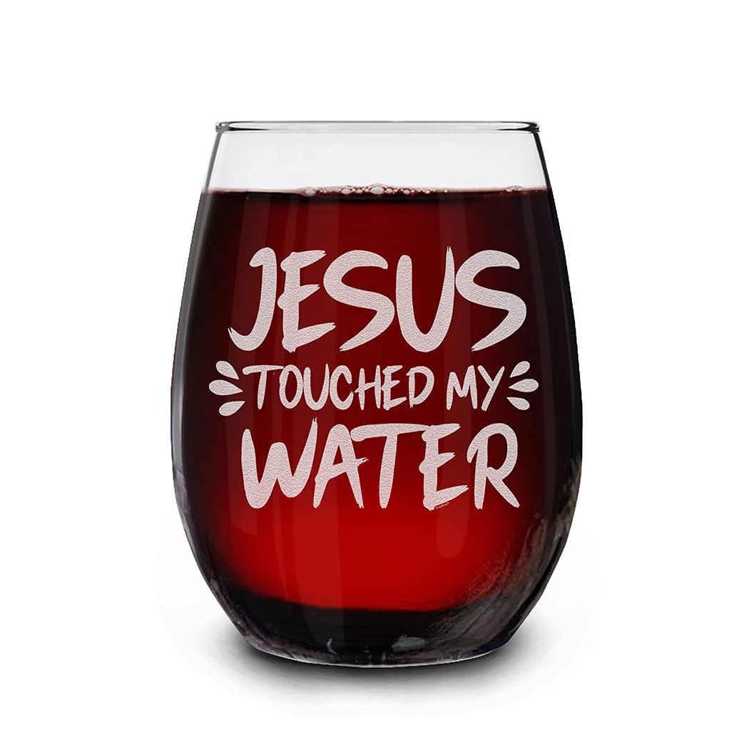shop4ever® Jesus Touched My Water Engraved Stemless Wine Glass Funny Jesus Wine Glass