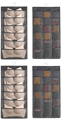 YUNZSXJY Durable Hanging Closet Organizer for Underwear Double Sided with Mesh Pockets,Space Saving Storage Pocket Bra Clothes Socks Organizer Home Basics. (Gray, 2PCS 6+18 Pockets)
