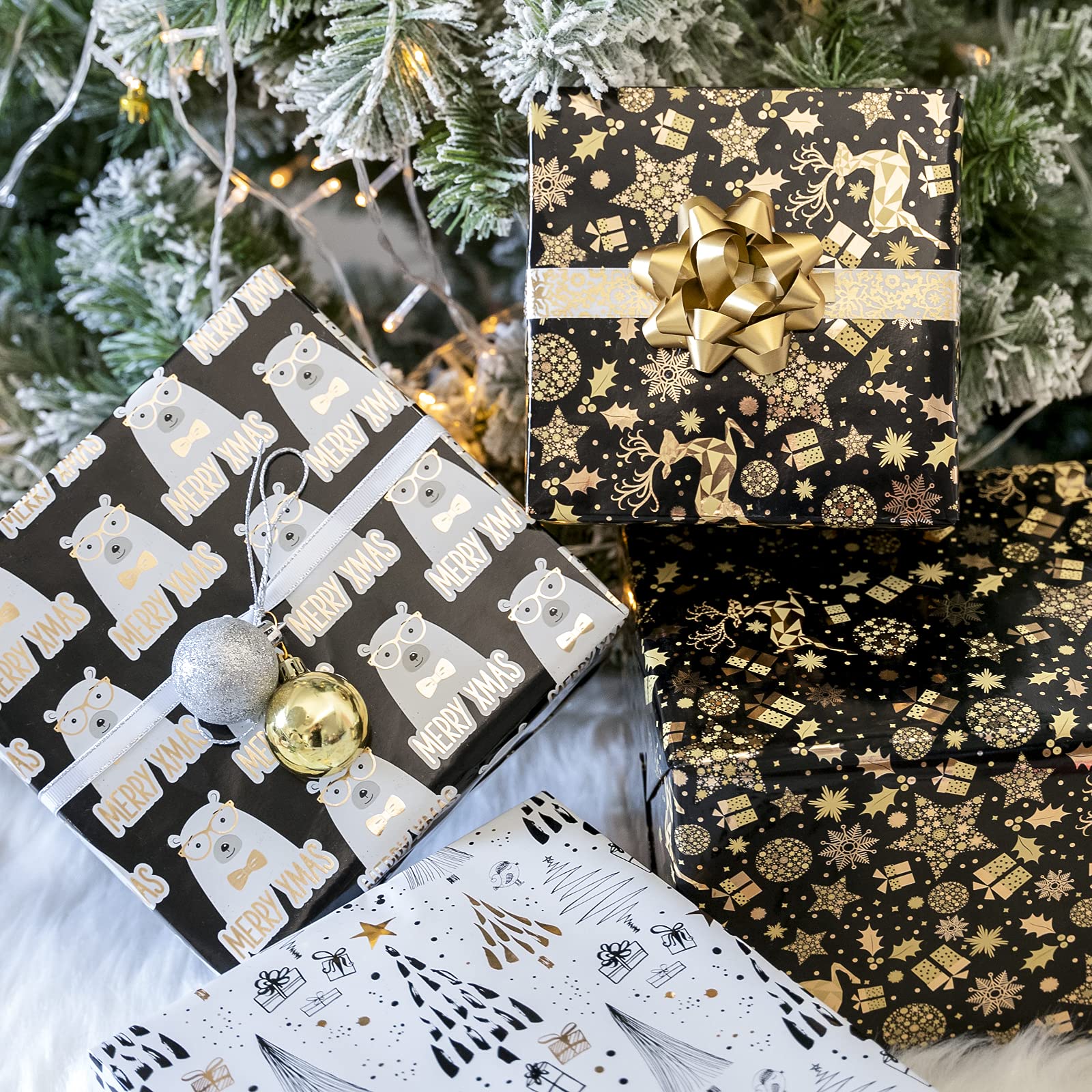 MAYPLUSS Christmas Wrapping Paper Set - Mini Roll with Bow & Ribbon & Gift Tags & Stickers- 17 inch X 120 inch Per roll - Blue Design (42.3 sq.ft.TTL)