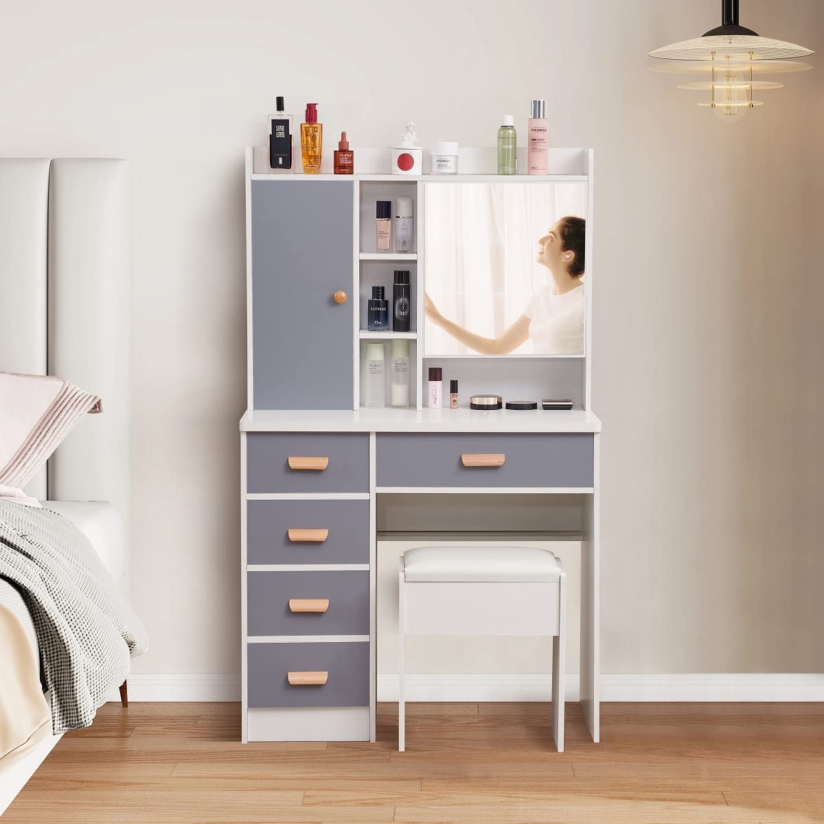 meolanov Modern Makeup Table with Mirror and Cushioned Stool, Dressing Table with Hidden Shelves, 5 Drawers, Bedroom Dressing Table,Vanity Stool for Women, Girl’s Room