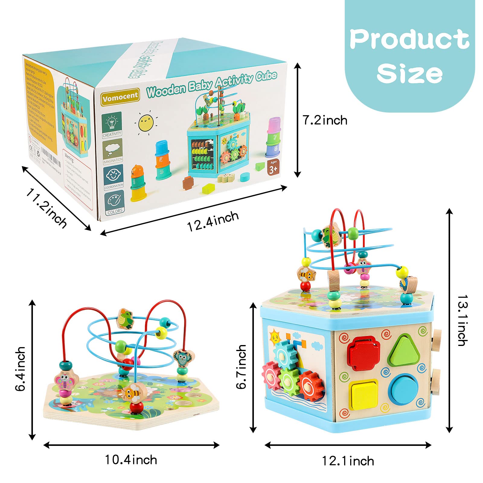 Vomocent Activity Cube for 1 Year Old Boy Girl, 10 in 1 Wooden Educational Learning Bead Maze for Toddler 1-3, Developmental Montessori Toys for 12-36 Months Gift