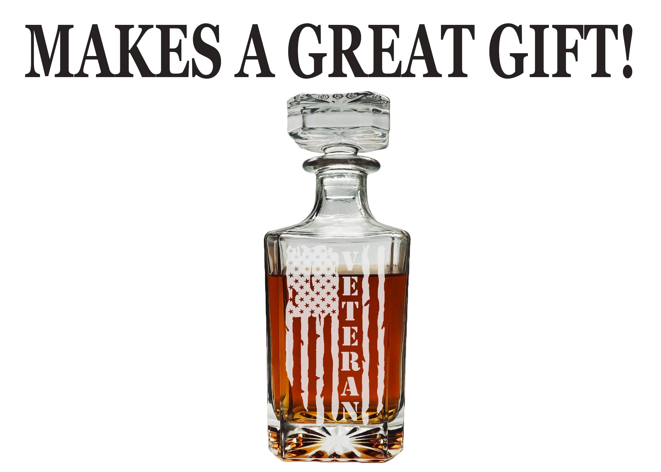 Veteran American Tattered Flag USA Patriotic Whiskey Decanter With Glass Stopper Custom Gift For Men Dad Veteran Father's Day