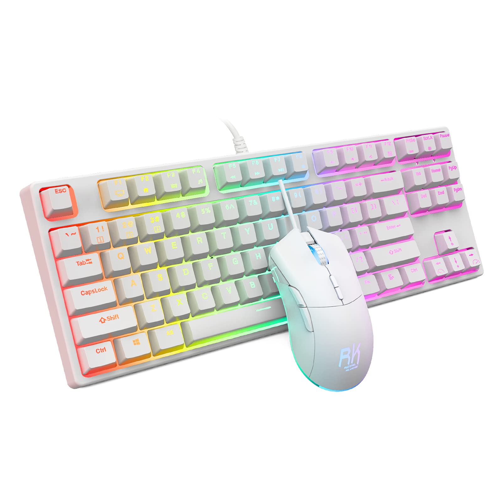 RK ROYAL KLUDGE Gaming Keyboard and Mouse Combo, Wired TKL Mechanical Keyboard and RGB 7200 DPI Mice, 87 Keys Computer Keyboard with Programmable Macro, Brown Switches-White Set