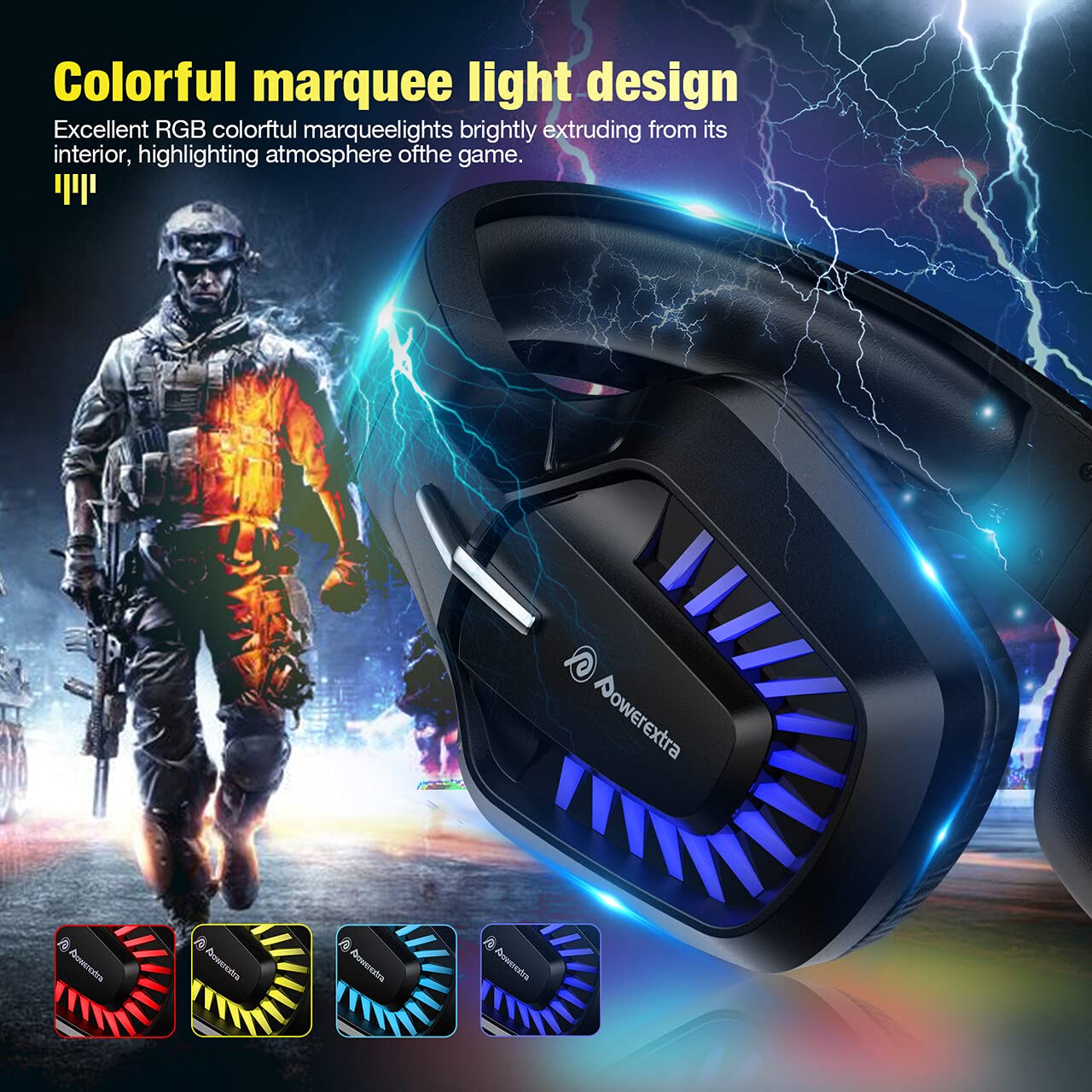 Powerextra Gaming Headset for PC, Over Ear Headphones with Noise Cancelling Microphone LED Light, Mic, Volume Control, Soft Memory Earmuffs for Laptop Mac Nintendo PS4 PS5 Xbox One Controller