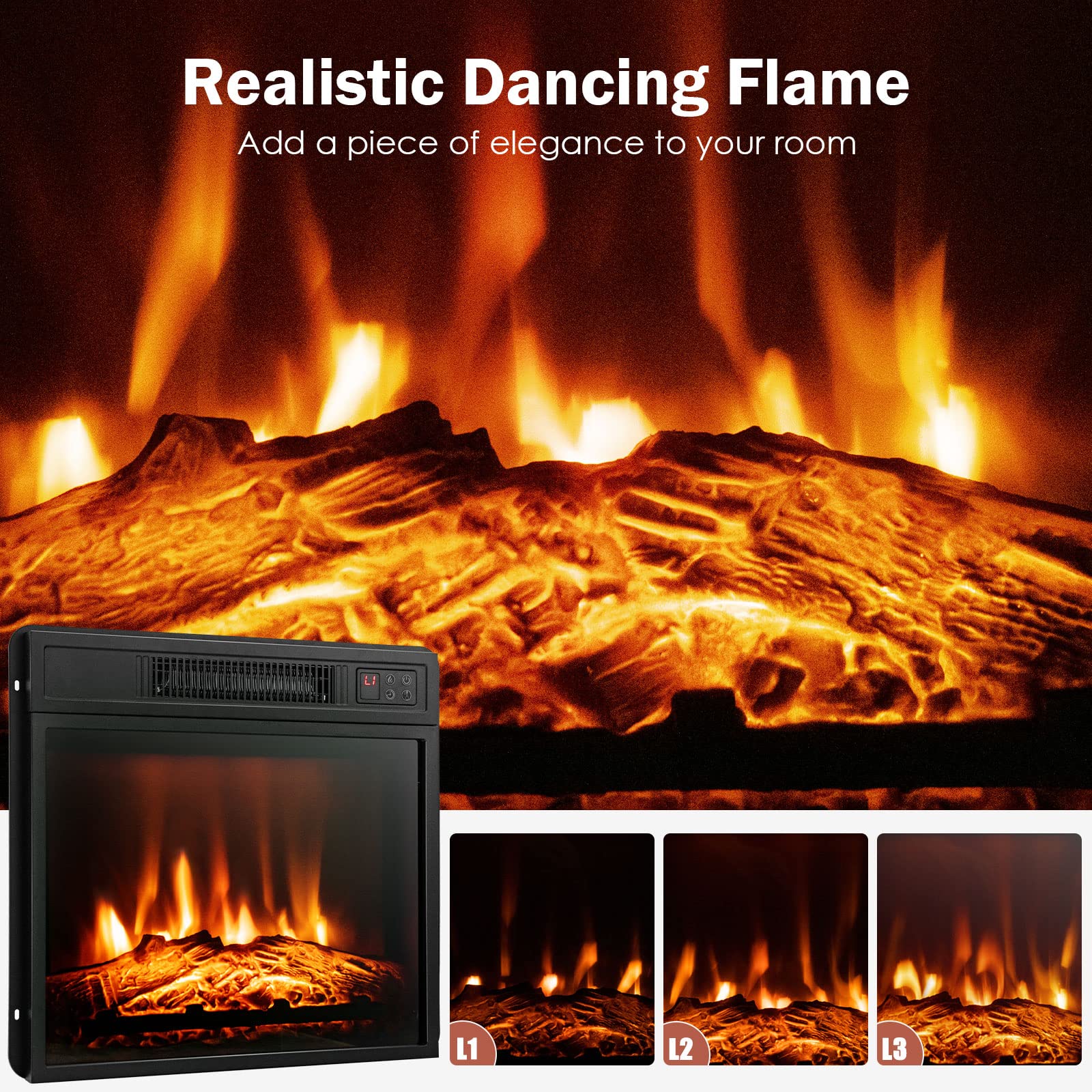 ORALNER Electric Fireplace Insert 18 Inch, Recessed Fireplace Heater with 3 LED Flame Effects, Remote Control & 6H Timer, Overheating Protection, Fireplace Insert for TV Stand, 1400W, Black