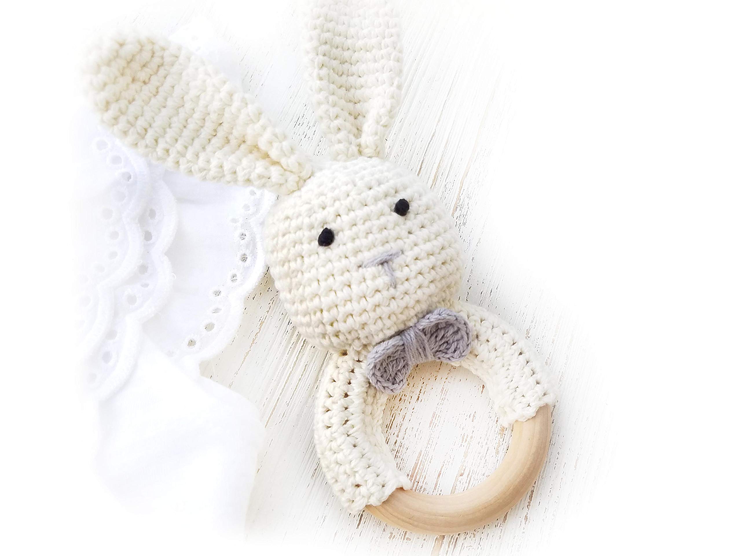Natural Crochet Teether Toy Rattle for Baby Forest Friends Amigurumi Crochet Bunny Deer Fox on Natural Wooden Teething Ring Rattle and Beaded Pacifier Clip (Mama Bunny)