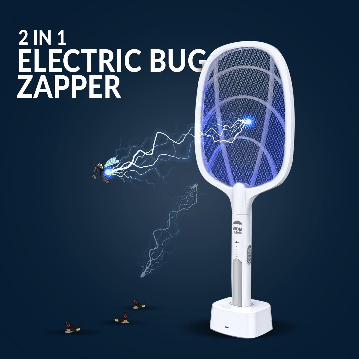 WBM SMART 2 in 1 Electric Bug Zapper, Mosquitoes Trap Lamp & Racket, USB Rechargeable Electric Fly Swatter for Home and Outdoor Powerful Grid 3-Layer Safety Mesh Safe to Touch