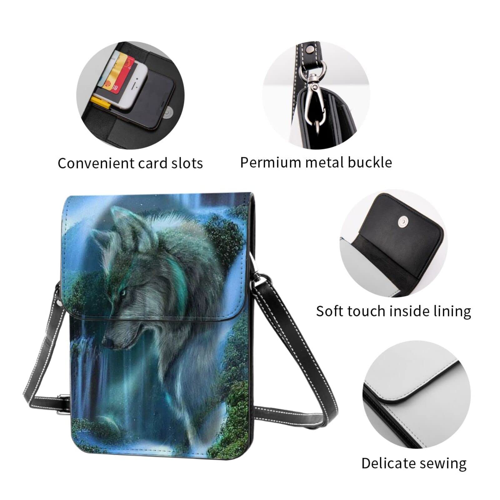 SKETVNHR Abstract Wolf Waterfall Galaxy Small Crossbody Cell Phone Purse for Women Soft Leather Fashion Travel Wallet with Adjustable Strap