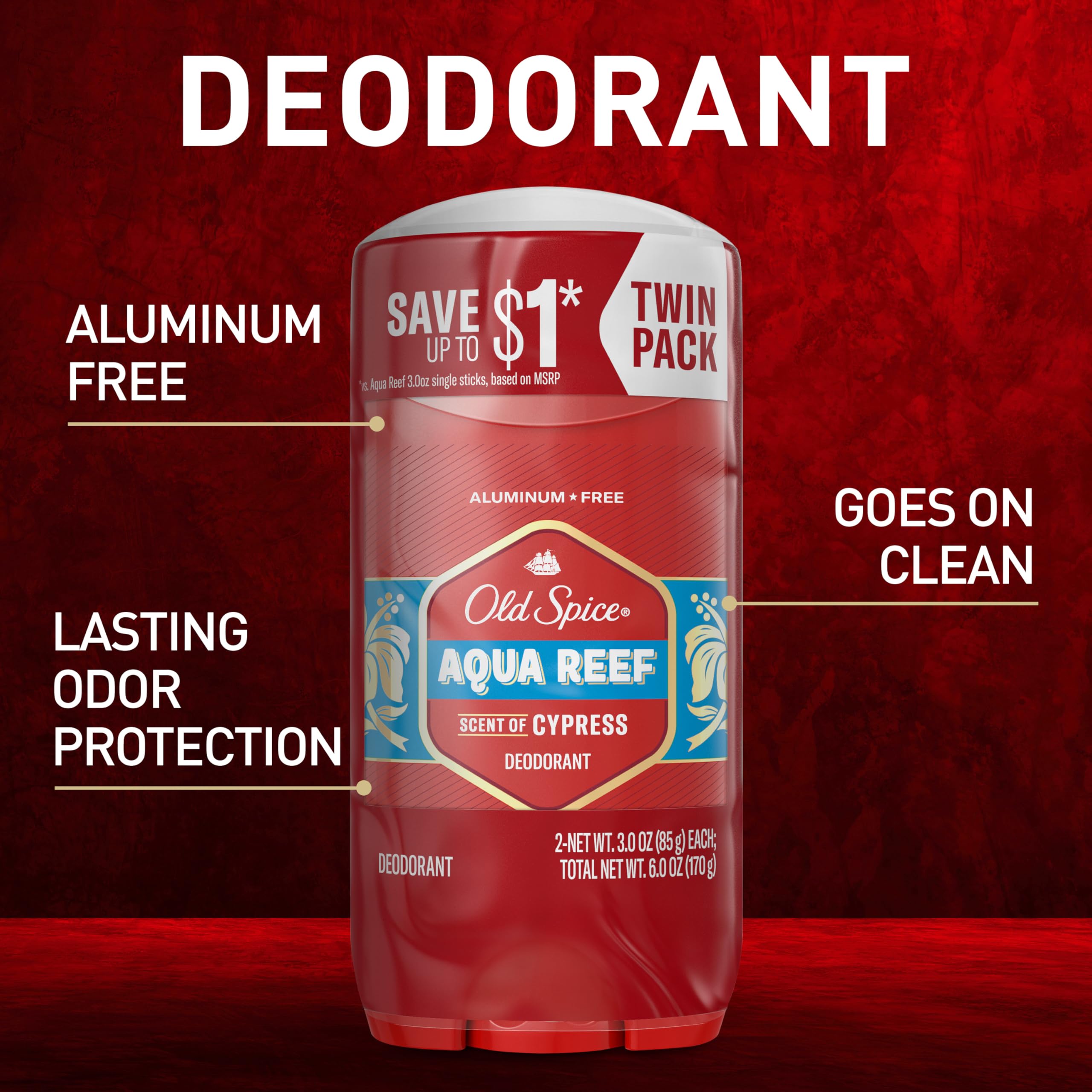 Old Spice Aluminum Free Deodorant for Men, 24/7 Odor Protection, Red Zone Collection, Aqua Reef with Cypress Scent, 3 oz (Pack of 2)