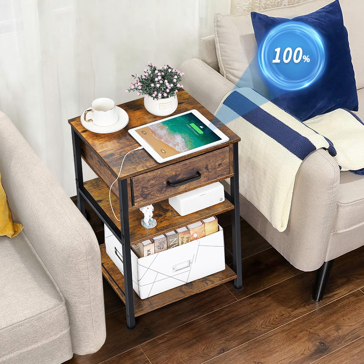 melos Night Stands with Charging Station, 3 Tier Nightstand with USB Ports and Outlets, Bedside Table with Fabric Drawers, Tall Side End Table with Storage Shelf for Bedroom, Living Room, Sofa, Black