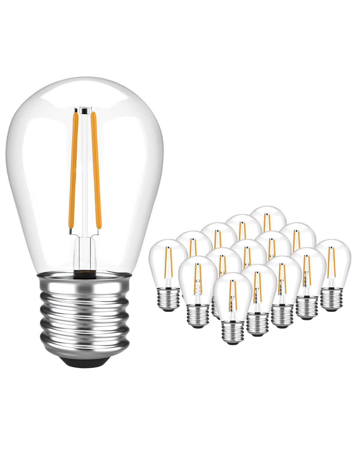 S14 LED Outdoor Edison Light Bulbs for String Light Replacement, E26 Medium Screw Base, Not Dimmable, 2700K, 1.6Watt to Replace 11w Incandescent Bulb, Waterproof, Clear Glass,15Pack