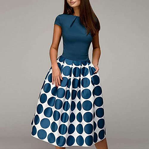 Womens Fashionable Round Neck Short Sleeved Waistband Silhouette Vintage Polka Dot Patchwork Dress
