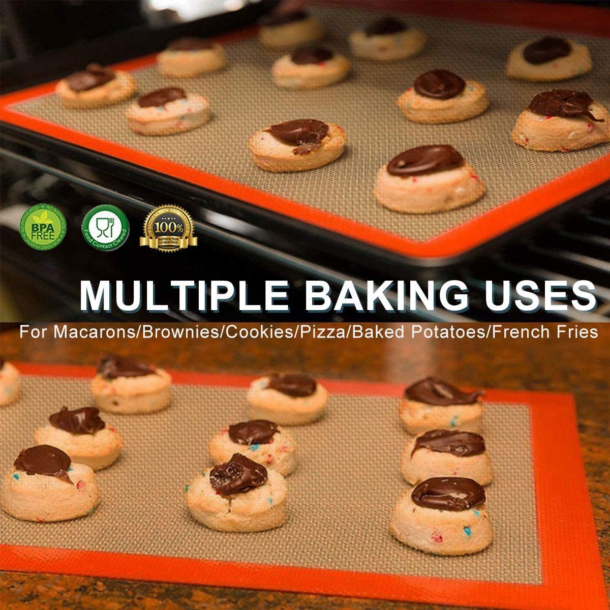 Silicone Baking Mat Set of 4-2 Half Sheet (11-5/8" x 16-1/2") 2 Quarter Sheet (8-1/2" x 11-1/2"),100% Non-Stick Reusable Food Safe Tray Pan Sheet Liners With Macaron, Pastry, Cookie (Orange)