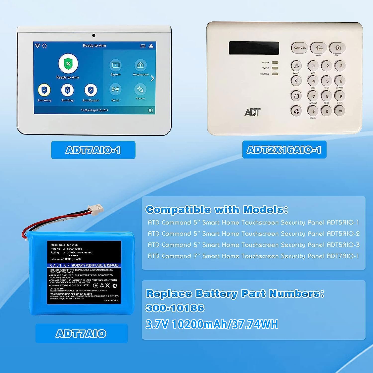 TOPUSSE Replacement 300-10186 Lithium Ion Battery 3.6/4.2v for ADT Command Smart Security Panel 7800mAh