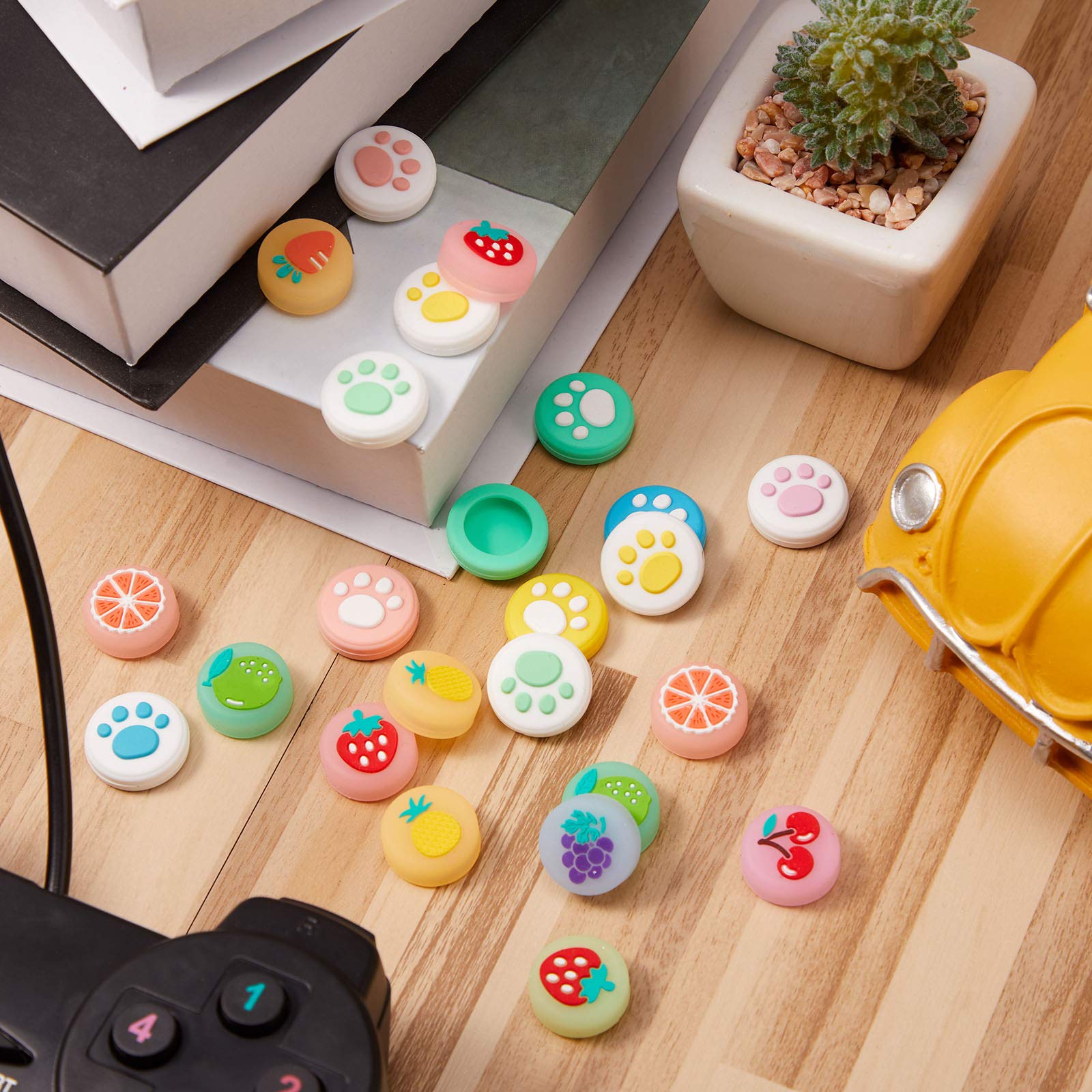 Skylety 32 Pieces Replacement Soft Silicone Cat Paw and Fruit Design Thumb Grip Caps Analog Stick Cover Joystick Cap Luminous Cover Compatible with Nintendo Switch, Switch Lite, Joy-Con Controller