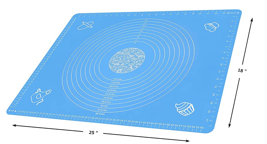 Silicone Baking Mat with Measurements - |Non Slip Non Stick| Pastry Rolling,Counter Mat,Dough Rolling Mat,Oven Liner,Fondant/Pie Crust Mat (25" x 18 ", blue)