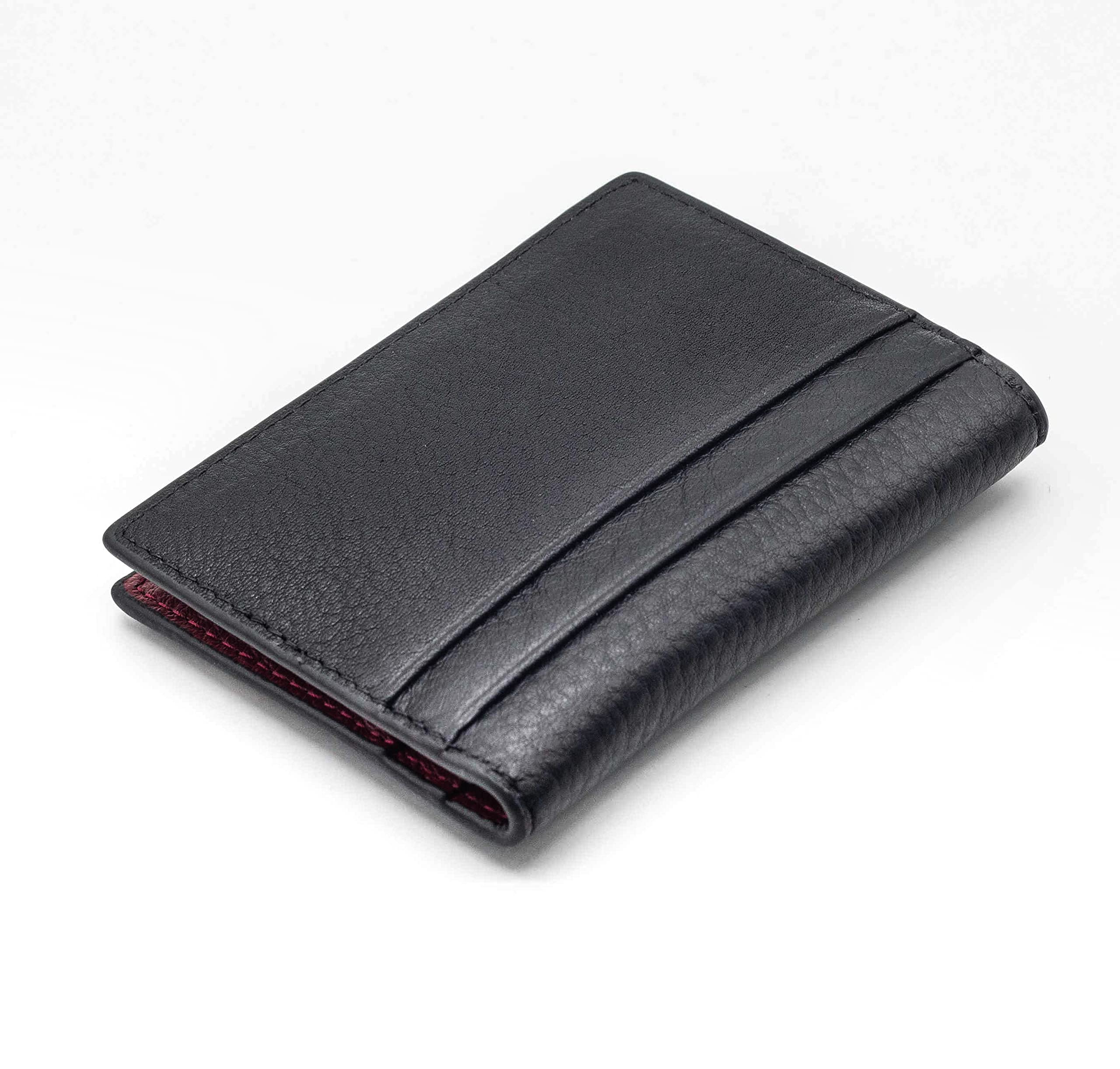 The Tanned Cow- Slim Minimalist Cardholder Wallet for Men Women, Mini Thin Leather Bifold, Compact, Front Pocket Credit Card Holder with RFID Blocking, Gift Box (Bubble leather, Black/Sangria Red)