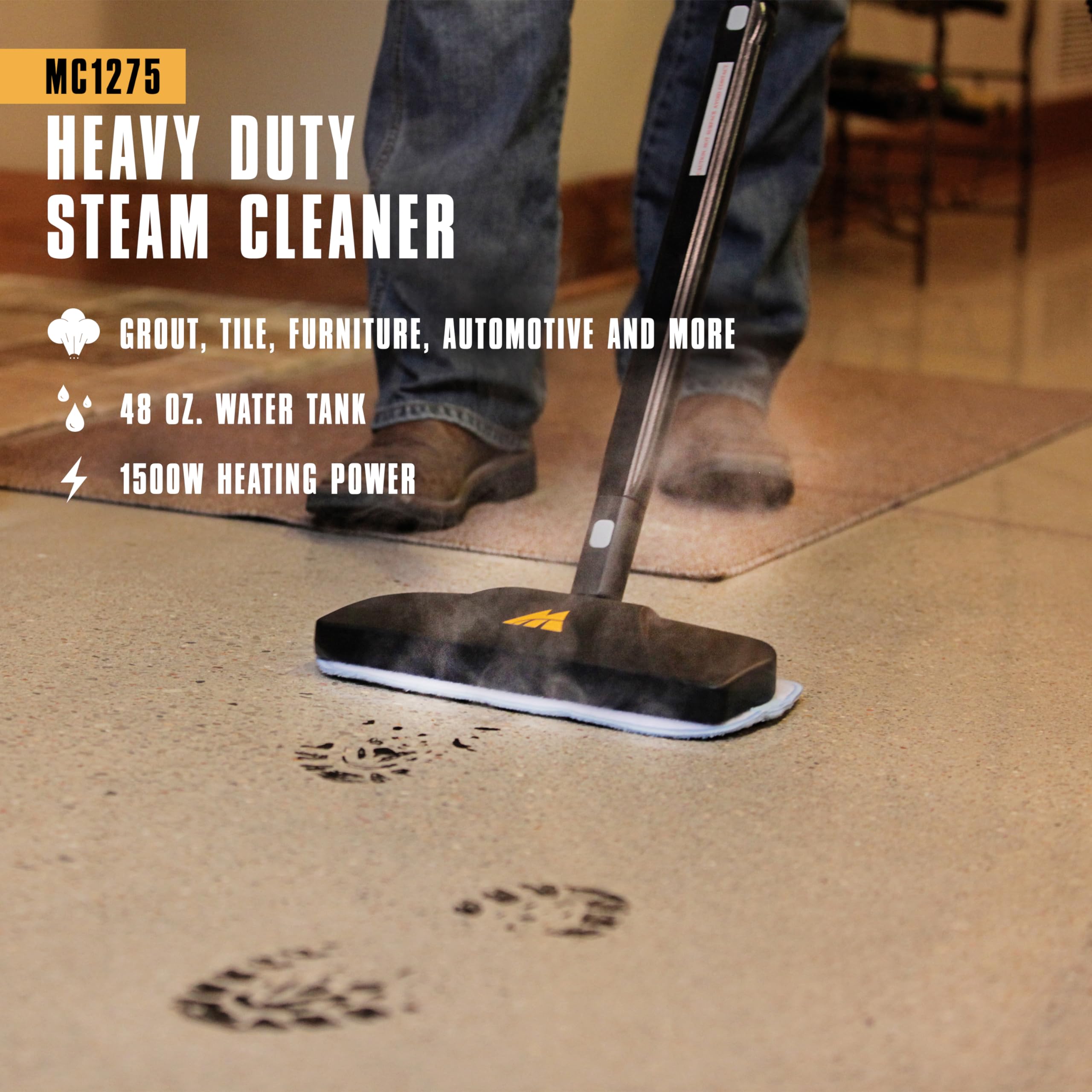 McCulloch MC1275 Heavy-Duty Steam Cleaner with 18 Accessories, Extra-Long Power Cord, Chemical-Free Pressurized Cleaning for Most Floors, Counters, Appliances, Windows, Autos, and More, Yellow/Grey