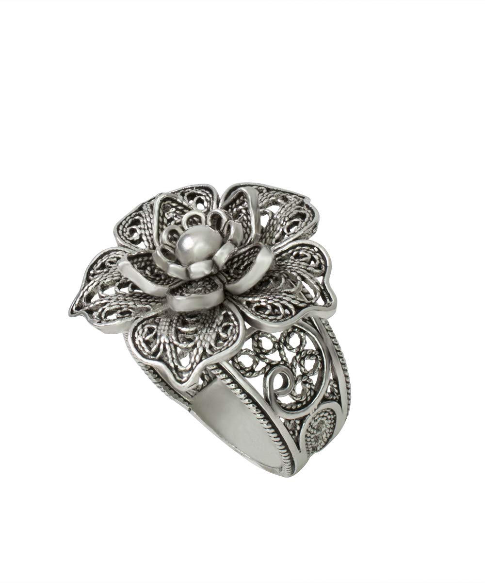 Ottoman Silver Collection 925k Sterling Silver Filigree Style Triple Layered Floral Design Ring for Women (7)