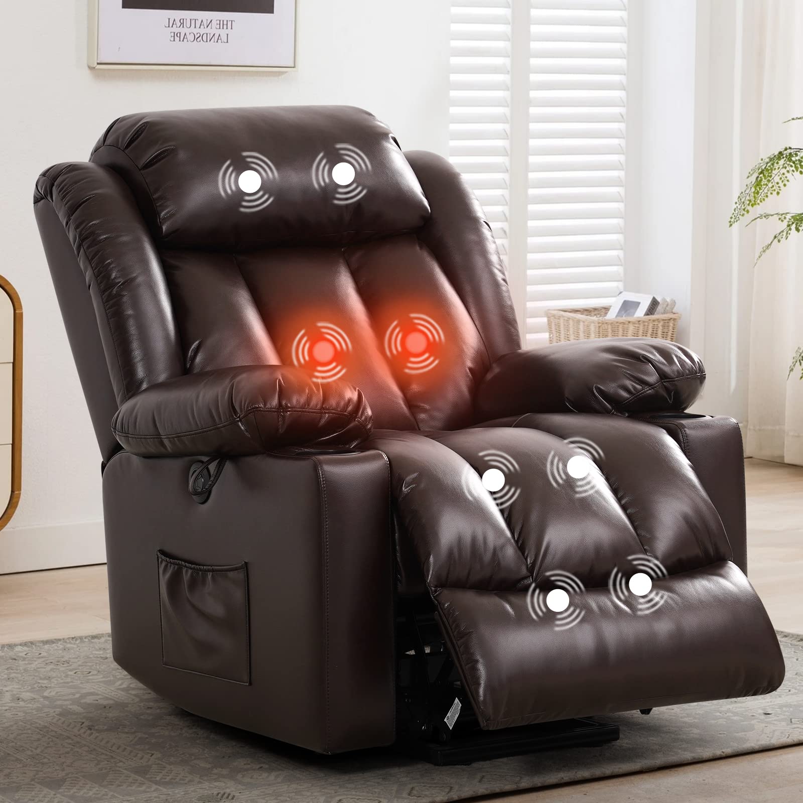 MAEVIS Lift Chair Recliner with Massage and Heating for Elderly and Adults,Breathable Leather Recliner chairs for Living Room,2 Cup Holders (Brown)