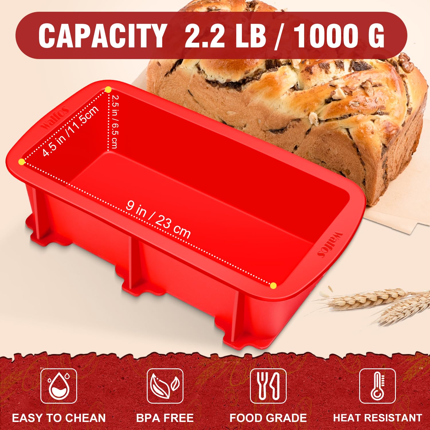 Walfos Silicone Bread Loaf Pan,9 x 5 inch Non-Stick Silicone Loaf Pans For Baking Set of 2,Perfect For Bread, Cake, Meatloaf, BPA Free and Dishwasher Safe