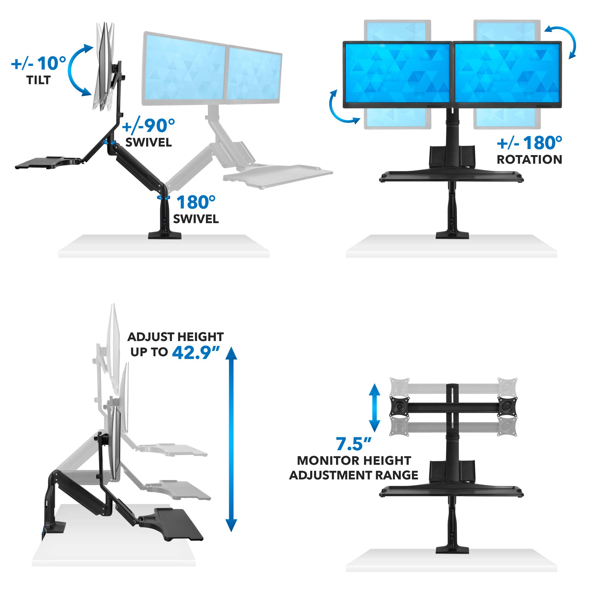 Mount-It! Dual Monitor Sit Stand Workstation with Gas Spring Arm | Height Adjustable Standing Desk Converter | 2 Integrated USB 3.0 Ports | VESA 75 100 | C-Clamp and Grommet Base
