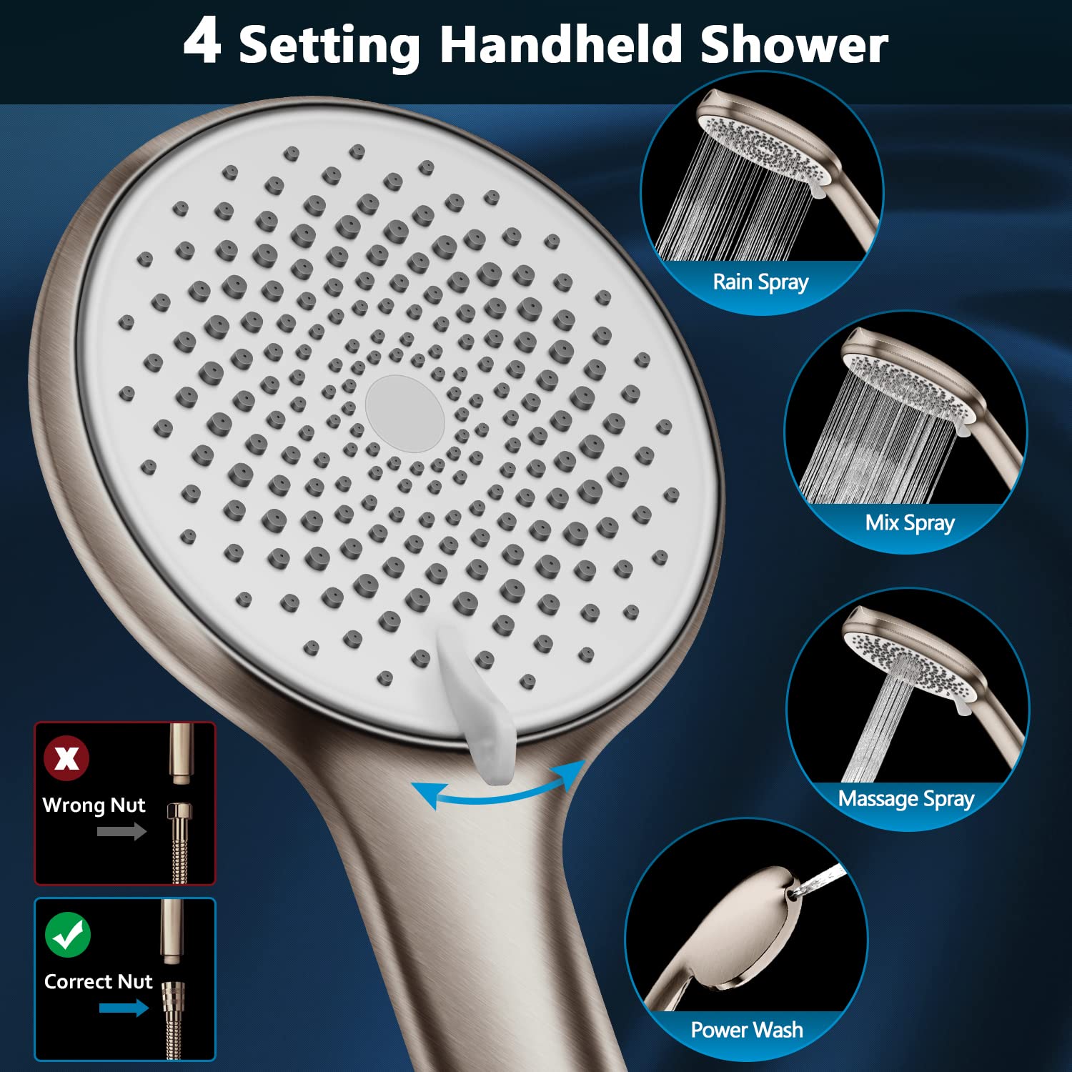 Shower Head Brushed Nickel, Upgraded 12" Rain Shower Head with 12" Flexible Curved Shower Extension Arm and High Pressure 4 Setting Handheld Shower Head Combo, Built-in Power Wash, 60ββ Shower Hose