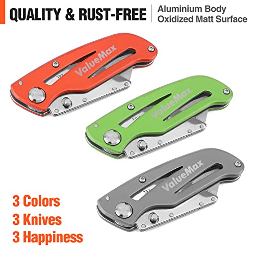 ValueMax Folding Utility Knife Set, All Metal Liner Lock Box Cutter, Quick Change Blade Razor Knife, with 10 Extra SK5 Blades, Set of 3 (Green, Orange, Gray)