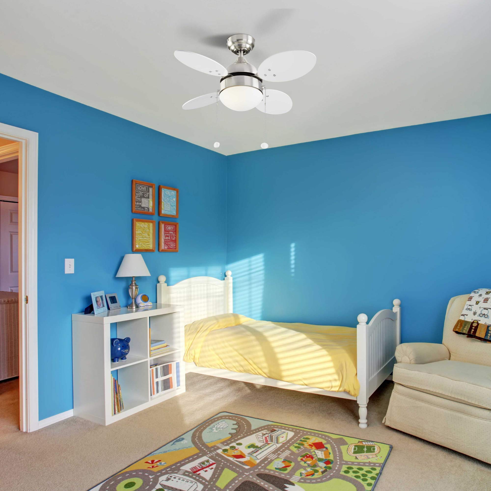 NOMA LED Ceiling Fan with Light | 4 Reversible Multi-Color or White Blades | Brushed-Nickel Finish with Frosted Glass Light Shade, 30-Inch