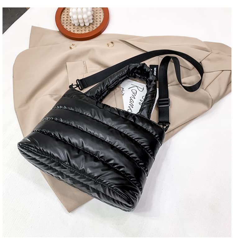 UMRFNO Puffer Tote Bag, Quilted Tote Bag for Women Luxury Shoulder Bag Down Winter Handbag Top Handle Bag Pillow Bag (Black)