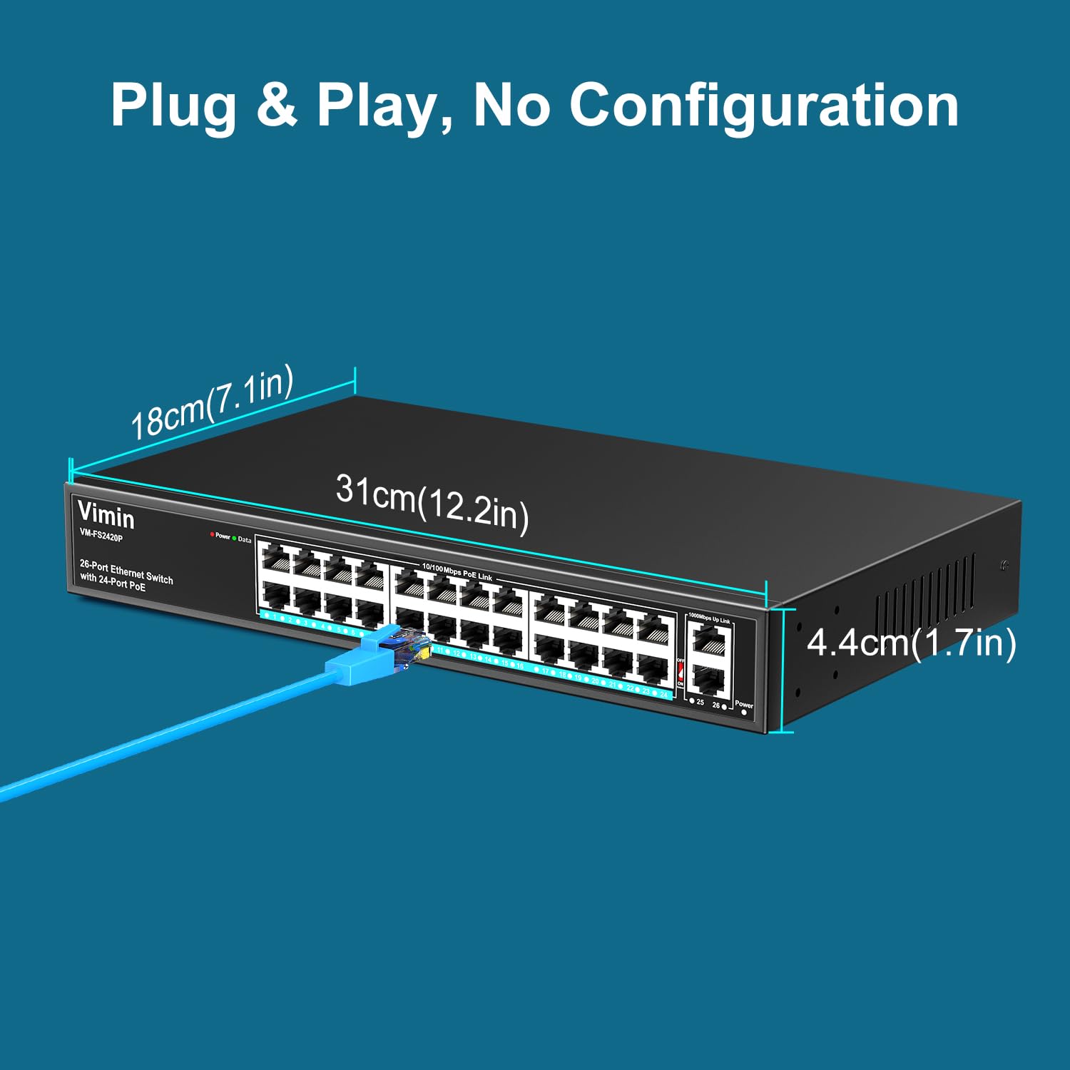 VIMIN 24 Port PoE Switch with 2 Gigabit Uplink Ports, 24 Port 10/100Mbps PoE Network Switch Unmanaged Support IEEE802.3af/at, Extend 250m, Vlan, 320W PoE Budget, Metal Case, Rackmount