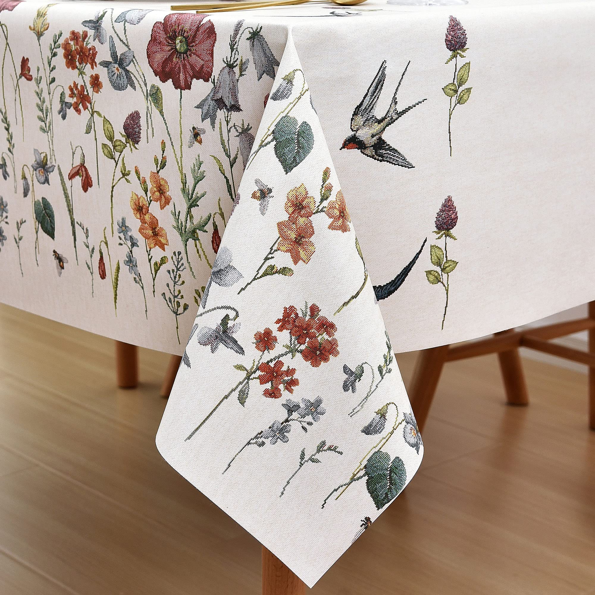 LOHASCASA Vinyl Rectangle Tablecloth Farmhouse Summer Vinyl Oil Cloth Table Cover Plastic Waterproof Tablecloths Spillproof Wipeable PVC Table Cloth for Kitchen Table 54 x 70 Beige Floral Bird