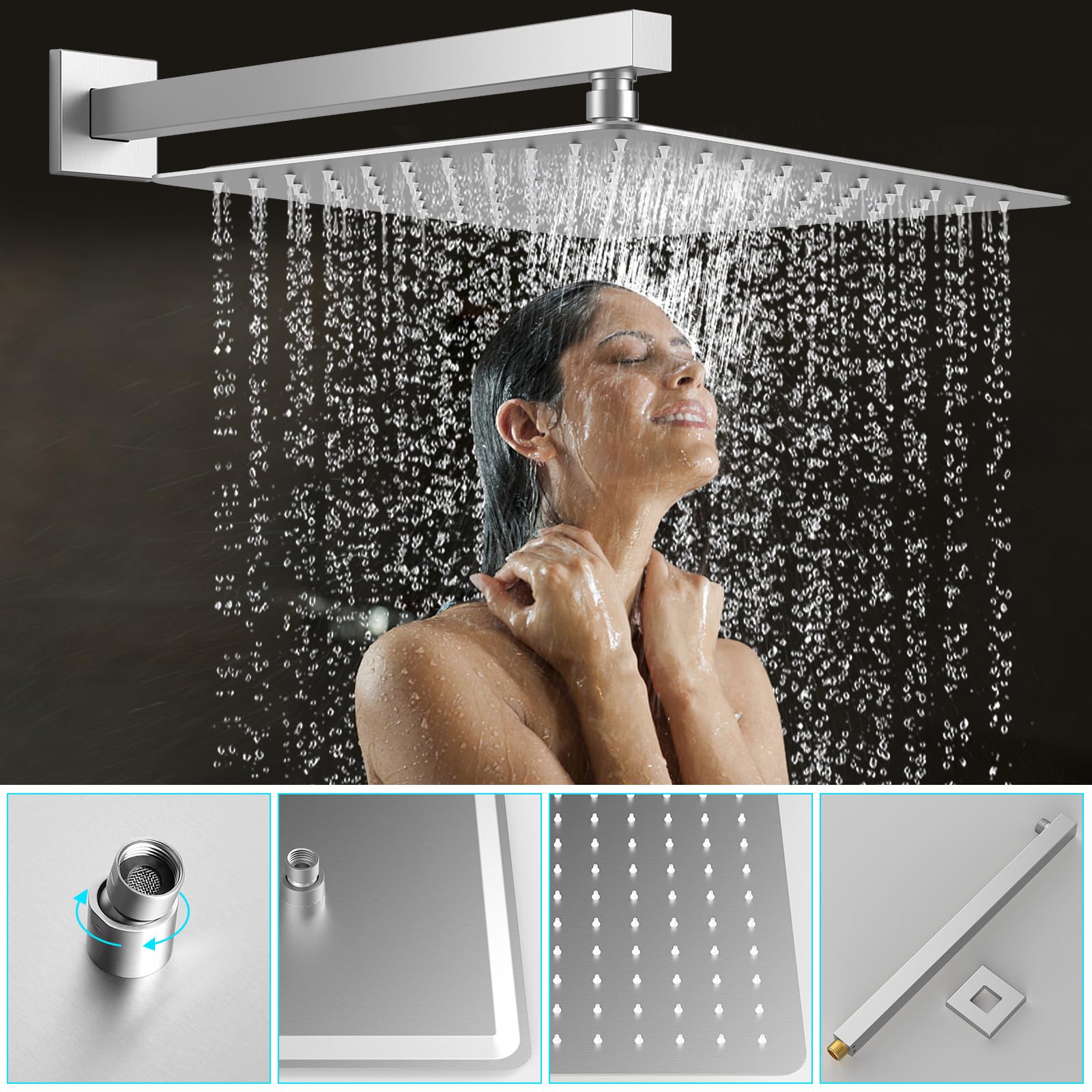 Shower System Modern Rain 12 inches Brass Shower Faucet Set With Valve and Diverter Shower Mixer With Handheld High Pressure Square Rainfall Shower Rough-in Valve (12ββ, Brushed Nickel)