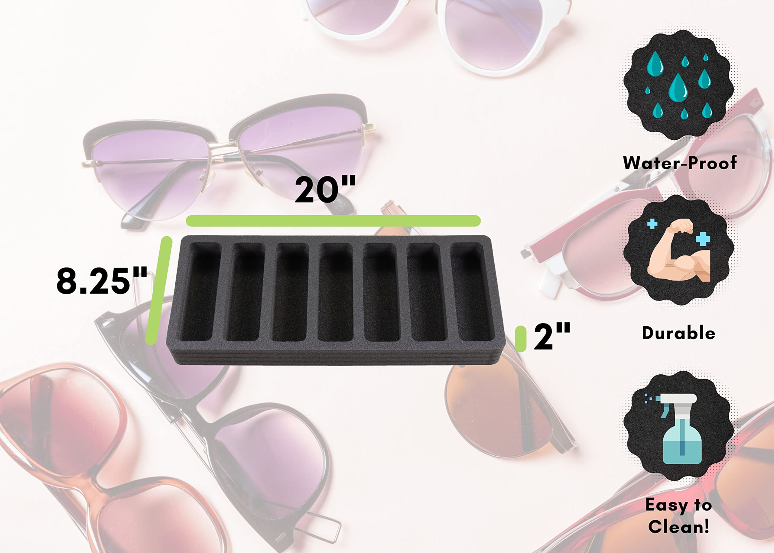 Polar Whale Sunglasses Drawer Organizer Tray Insert for Home Bedroom Bathroom Vanity Dresser Counter Table Waterproof Washable Black Foam 7 Compartment 8.25 x 20 Inches