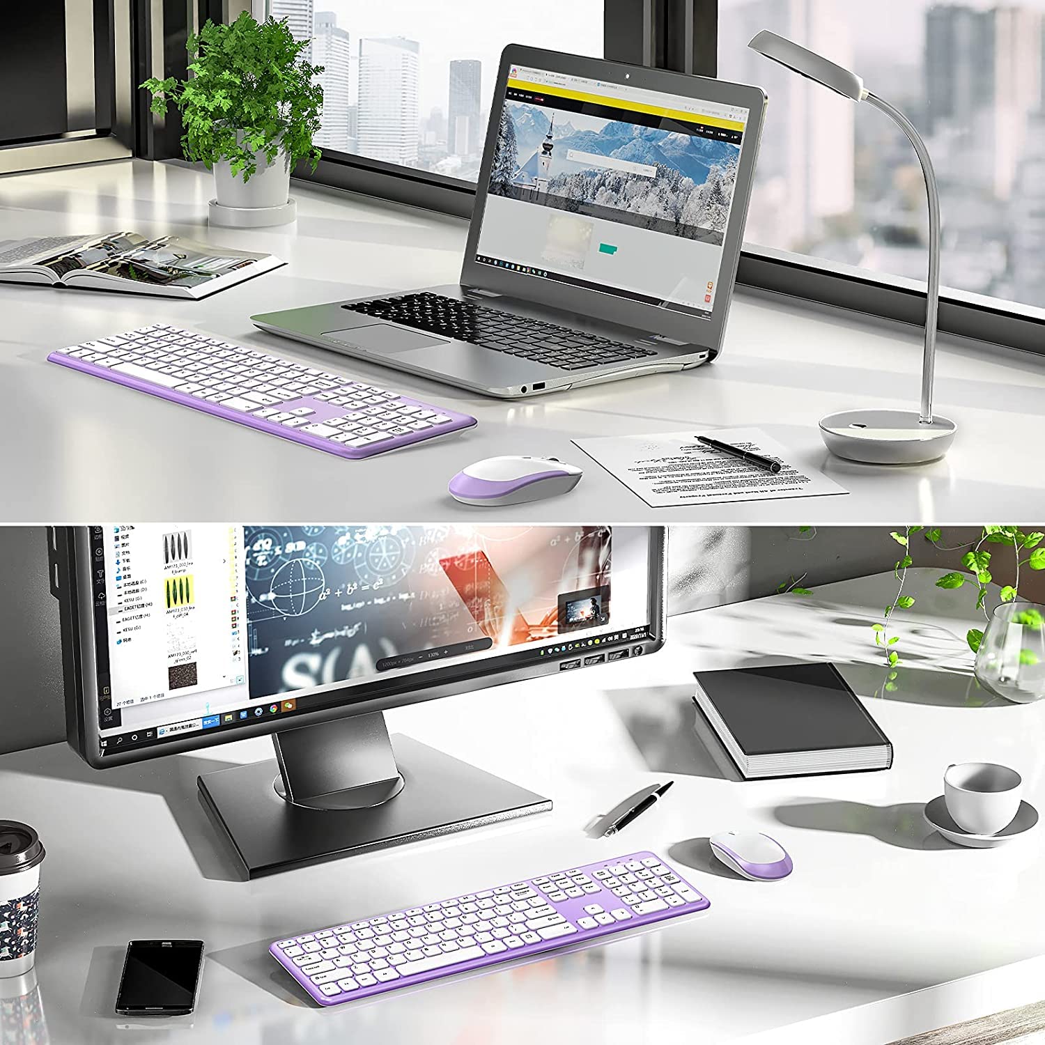 Wireless Keyboard Mouse Combo, Vssoplor 2.4G Ultra-Slim Cordless Keyboard and Mouse Set, Full Size Purple Wireless Keyboard for Windows, Laptop, PC, Computer, Notebook